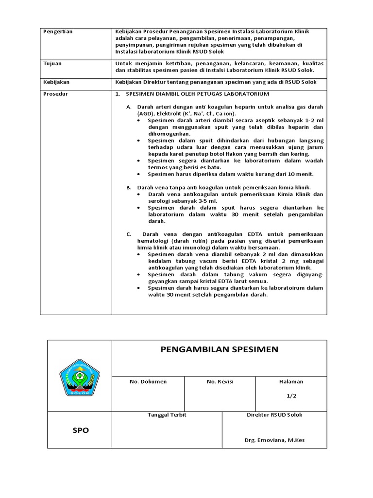 SPO PENANGANAN Dan Pengamblan SPESIMEN | PDF