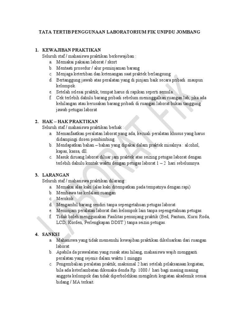 Tata Tertib Penggunaan Laboratorium Fik Unipdu Jombang | PDF