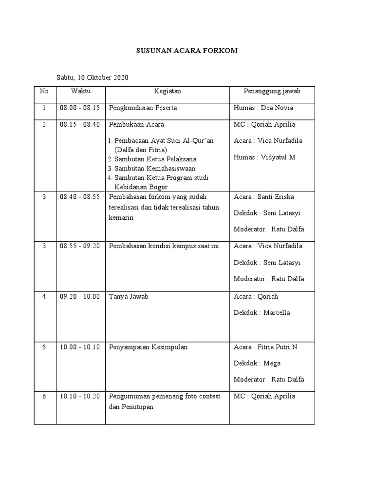 Jadwal Acara Forkom 2020 | PDF