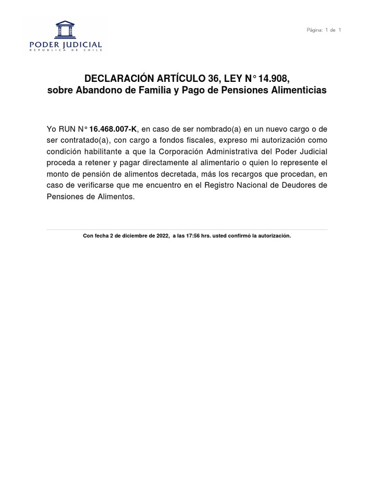 Formulario de Autorización de Descuento Por Deuda de Pensión de ...