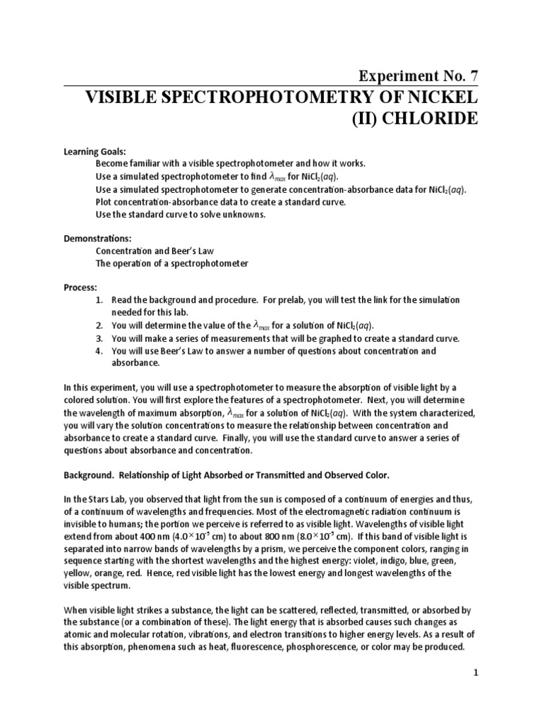 Spectrophotometry of NiCl2 Solutions | PDF | Spectrophotometry ...