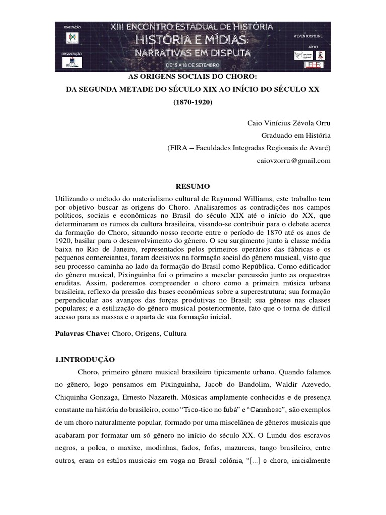 As Origens Sociais Do Choro Caio Vinícius Zévola Orru | PDF | Sociologia | Marxismo