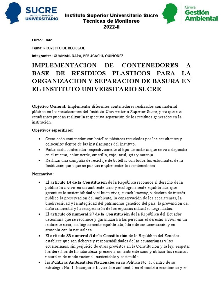 Proyecto De Reciclaje Pdf Residuos Reciclaje