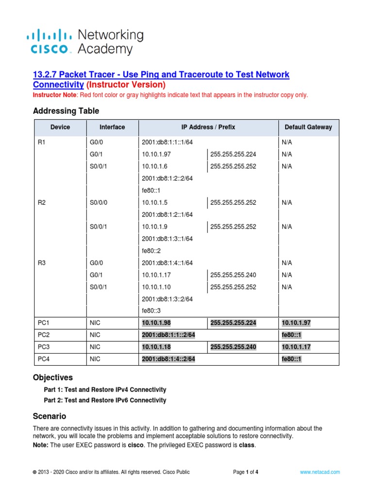 13.2.7 Packet Tracer - Use Ping and Traceroute To Test Network ...