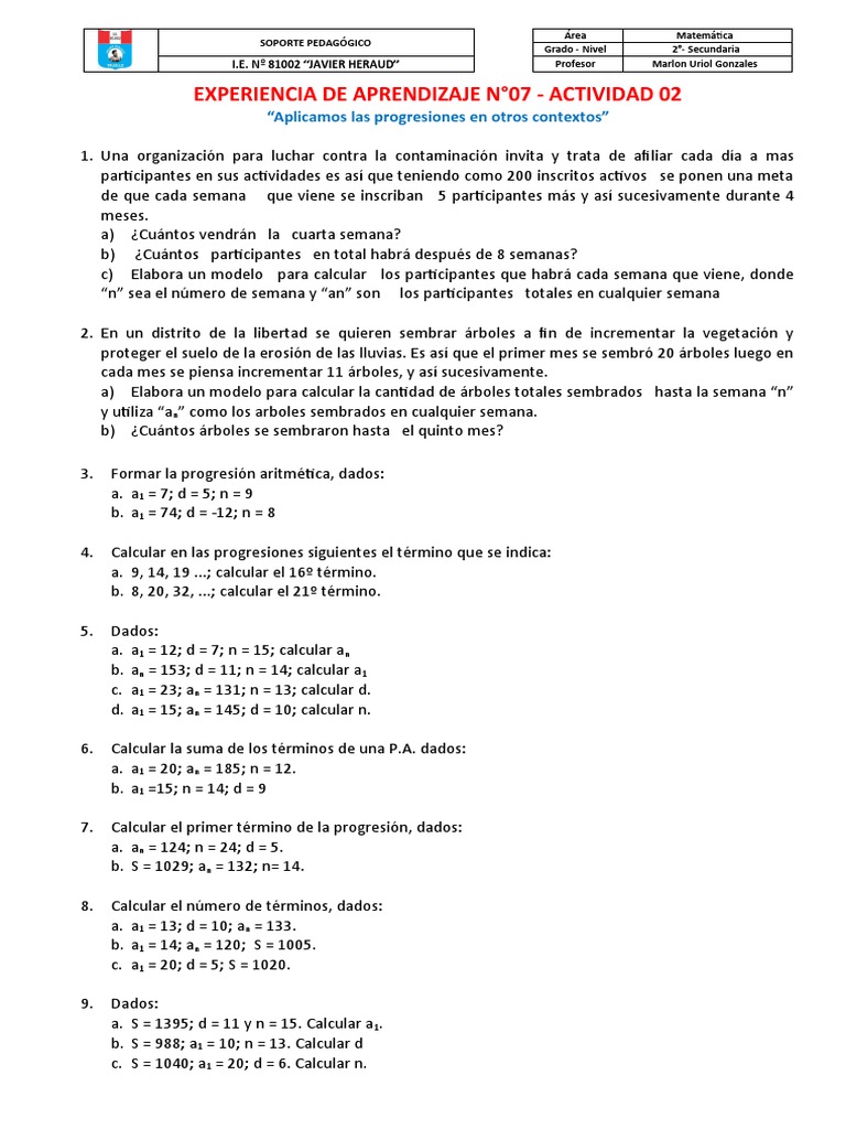2do-ACT2-Progresiones Aritmeticas-202 | PDF
