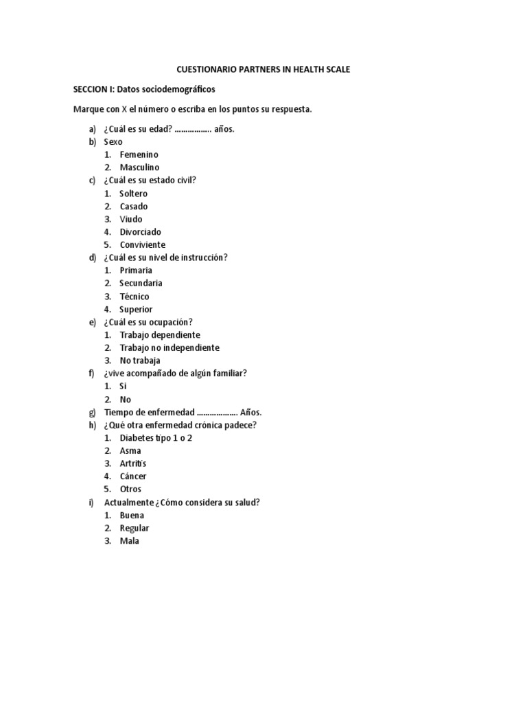 Cuestionario Partners in Health Scale | PDF | Epidemiología | Cuidado ...