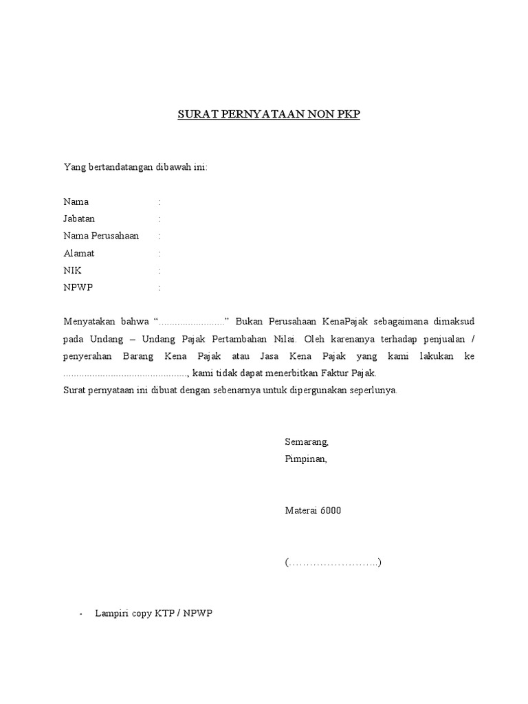 Contoh Surat Pernyataan Non PKP | PDF | Pengelolaan Keuangan & Uang