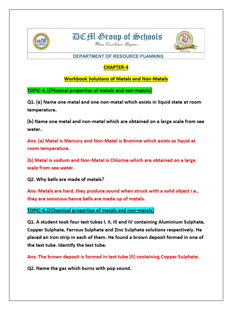 Ch-4 Metals and Non - Metals Workbook | PDF | Oxide | Metals
