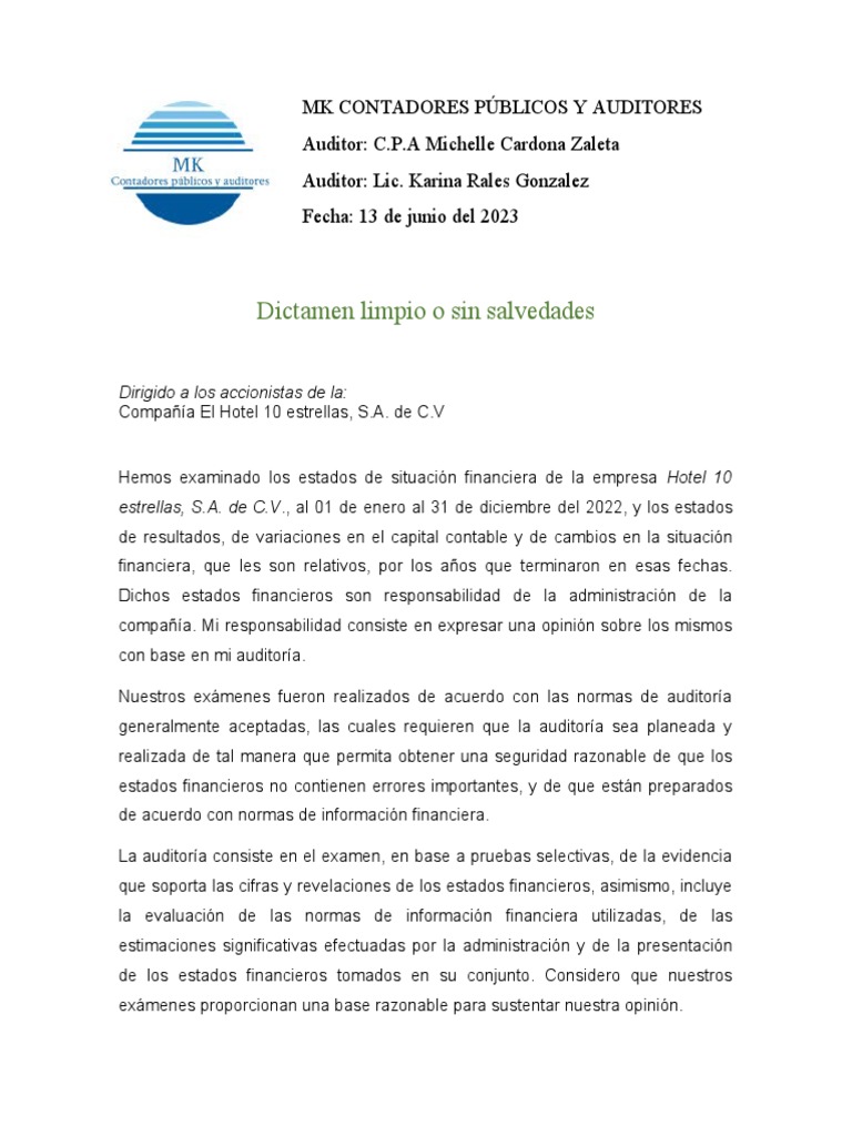 Dictamen Limpio o Sin Salvedades - Rales y Cardona | PDF