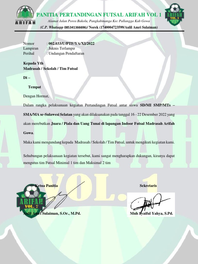 Undangan Futsal Arifah Vol 1 | PDF