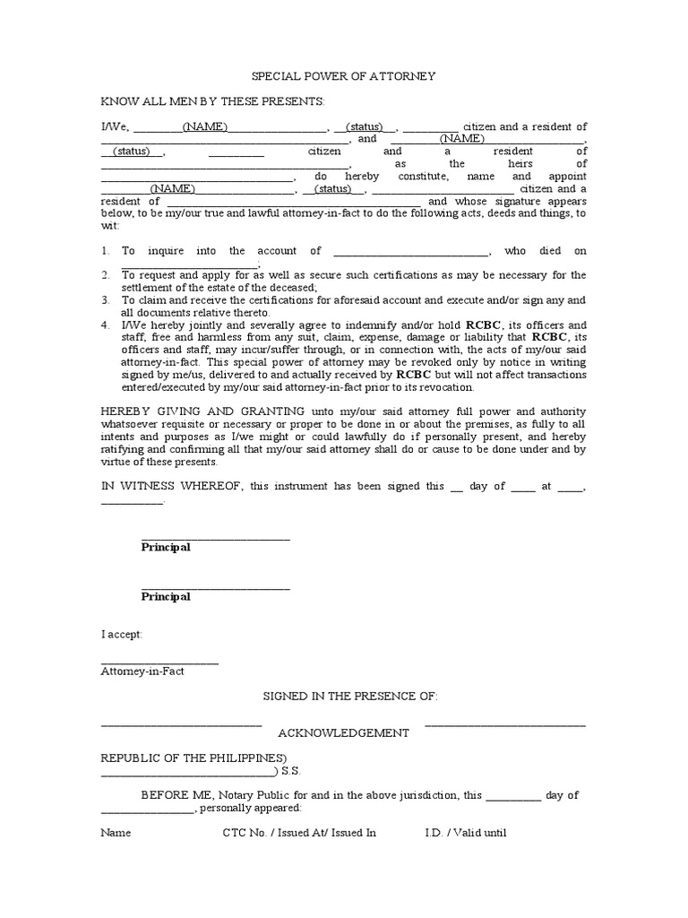 SPA For Bank Cert of Heirs | PDF | Power Of Attorney | Notary Public