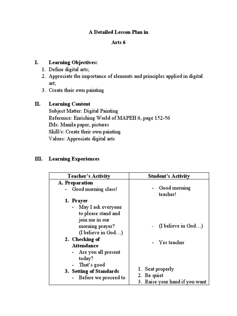 A Detailed Lesson Plan in ARtS | PDF | Paintings