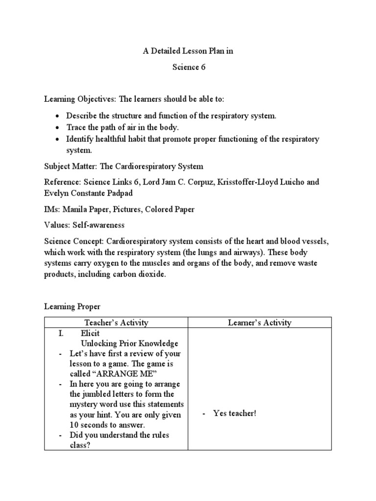 A Detailed Lesson Plan in Science 6 | PDF | Respiratory Tract | Lung