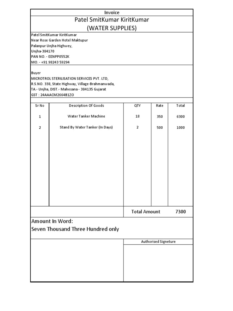 Water Tanker Invoice for Services | PDF