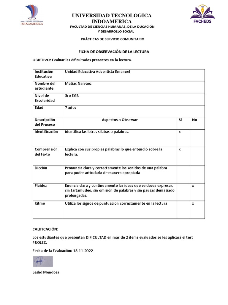Ficha de Observación Del Test Prolec-2-1 | PDF | Cognición | Ciencia ...