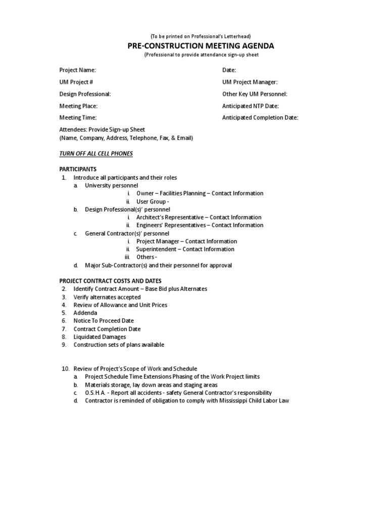 Pre Construction Meeting Agenda | Download Free PDF | General ...