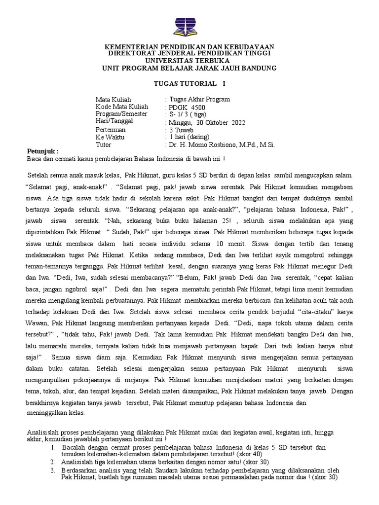 Tugas Tutorial - 1 - PDGK4500 - Tap - 2022 - 2 | PDF
