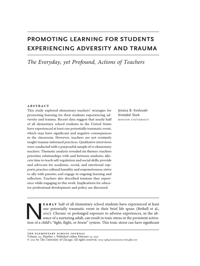 Promoting Learning For Students Experiencing Adversity and Trauma - The Everyday, Yet Profound ...