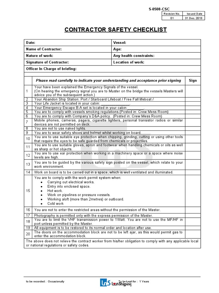 S-0508-CSC Contractor Safety Checklist | PDF