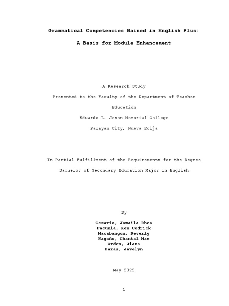 Grammatical Competencies Gained in English Plus A Basis For Module ...