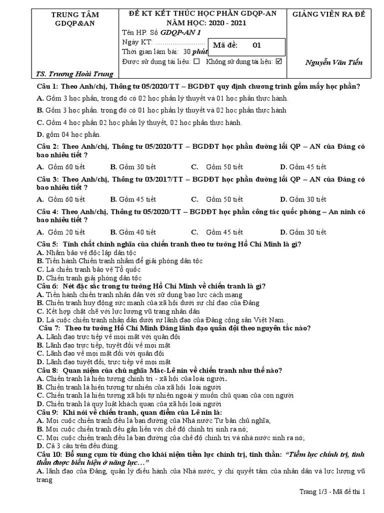 Đề 1 - QP1 | PDF
