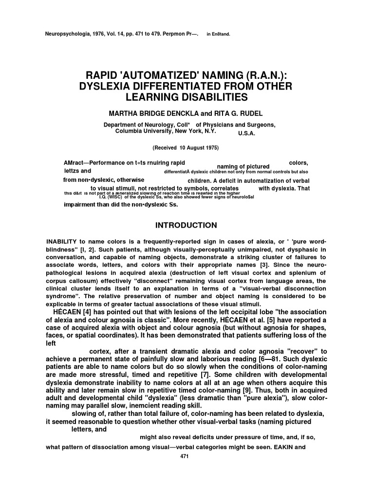 Denclka y Rudel PDF | PDF | Dyslexia | Neuroscience