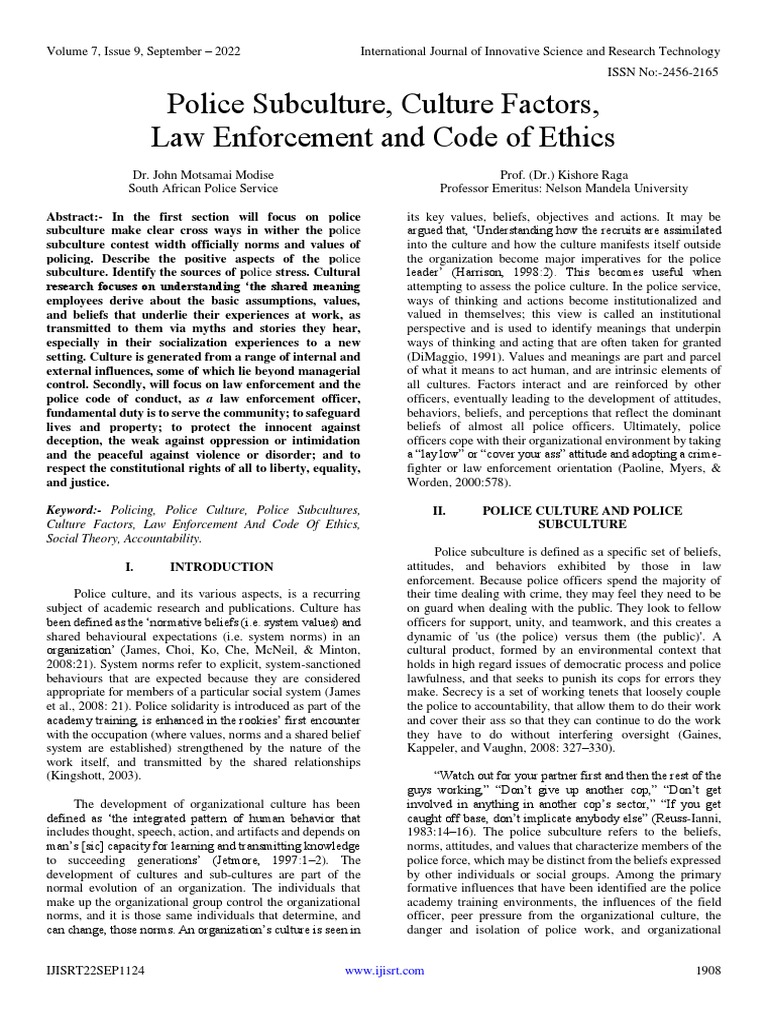 Police Subculture, Culture Factors, Law Enforcement and Code of Ethics ...
