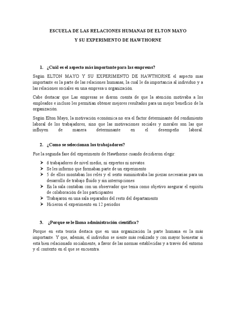 Escuela de Las Relaciones Humanas de Elton Mayo y Su Experimento de ...