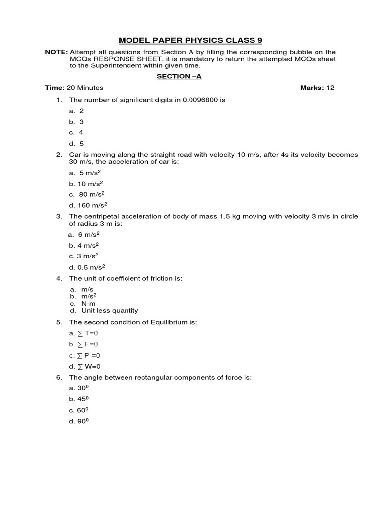 Model Paper Physics Class 9 MCQs and Questions | PDF | Heat | Heat Transfer