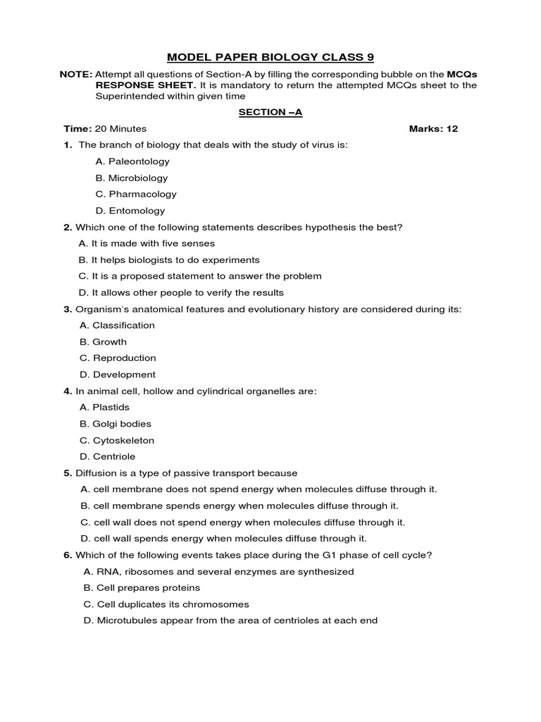 BIOLOGY MODEL PAPER 9th | PDF | Cell (Biology) | Biology