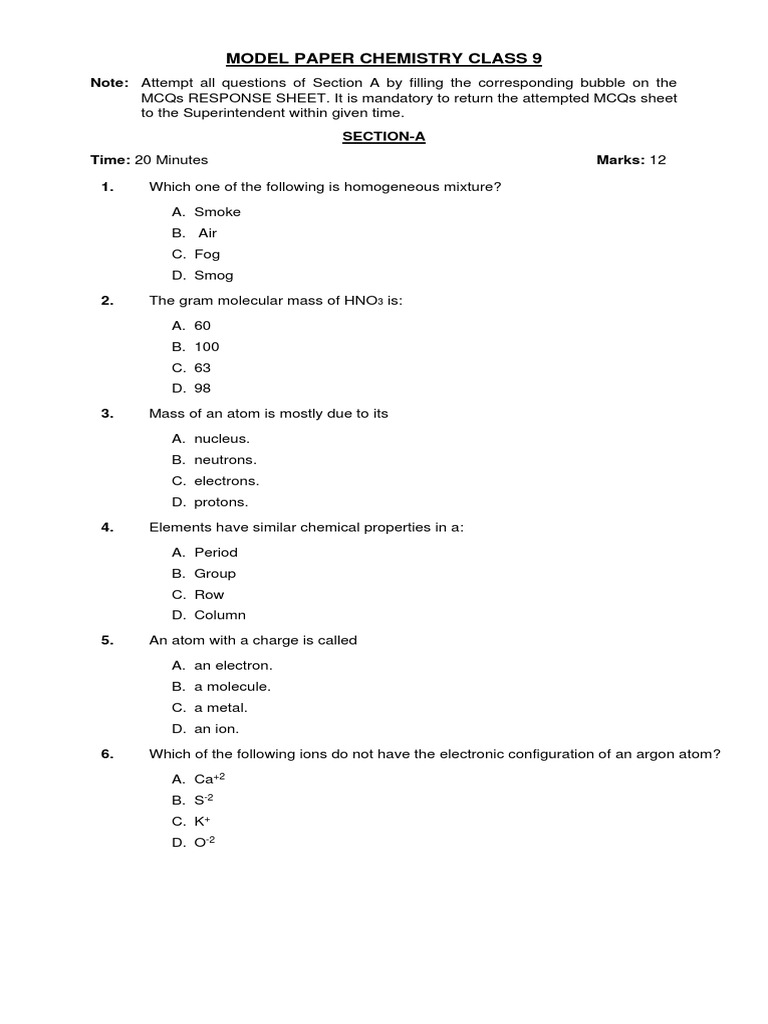 Chemistry 9th Model Paper | PDF | Atoms | Chemistry
