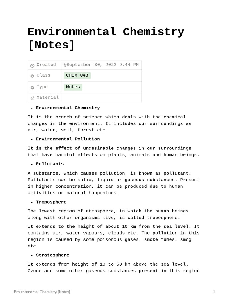 Environmental Chemistry Notes | PDF | Ozone | Particulates