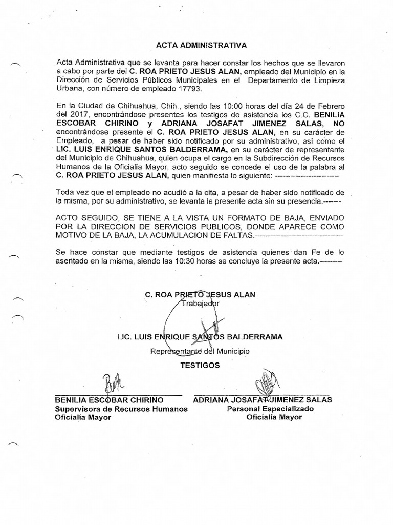 Ejemplo Acta Administrativa Faltas | PDF