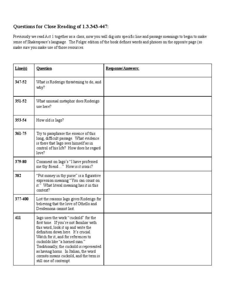 Close Reading of Act I, Scene III | PDF | Iago | Othello