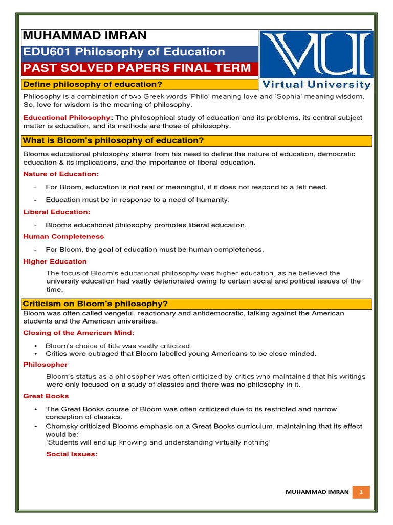 Edu601 Philosophy of Education (Past Solved Questions Final Term) | PDF | Homeschooling | Knowledge