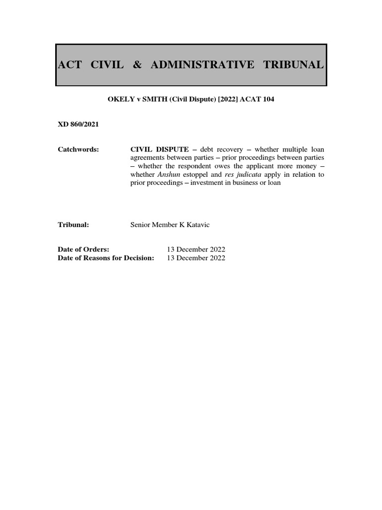 Okely V Smith (Civil Dispute) (2022) Acat 104 | PDF | Banks | Burden Of Proof (Law)
