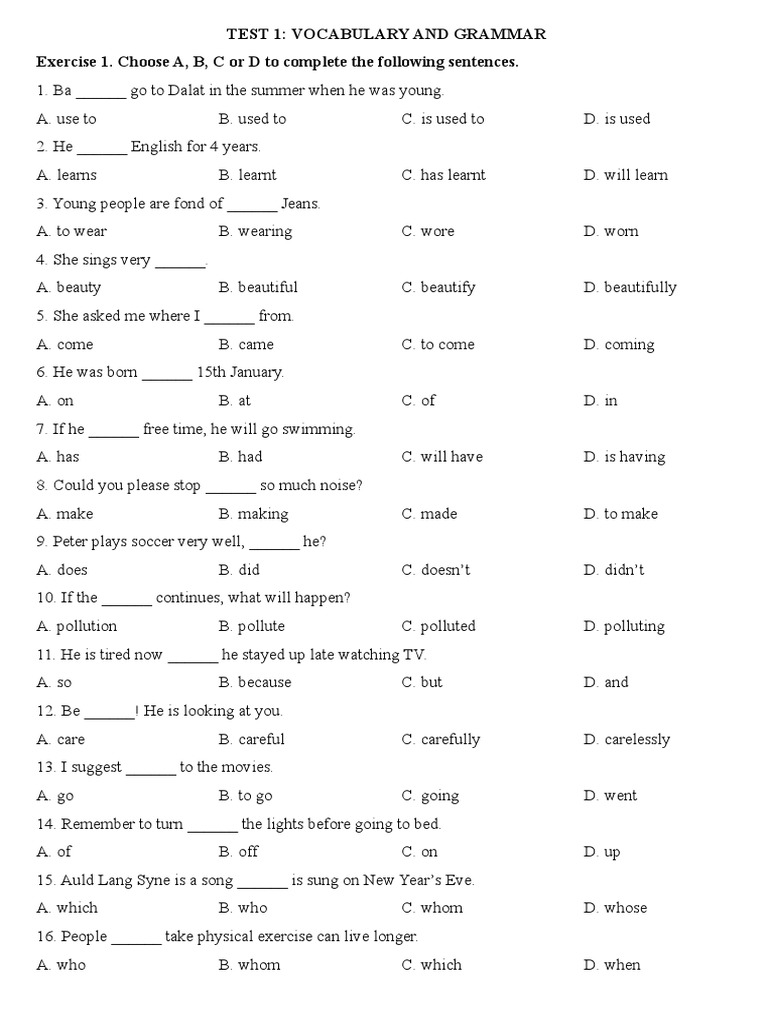 Test 1: Vocabulary and Grammar Exercise 1. Choose A, B, C or D To ...