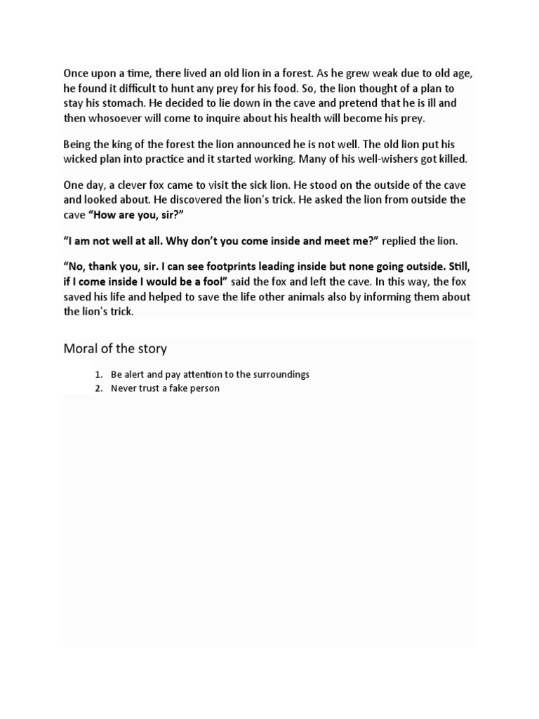 The Lion and The Fox | PDF | Reading Comprehension | Speech