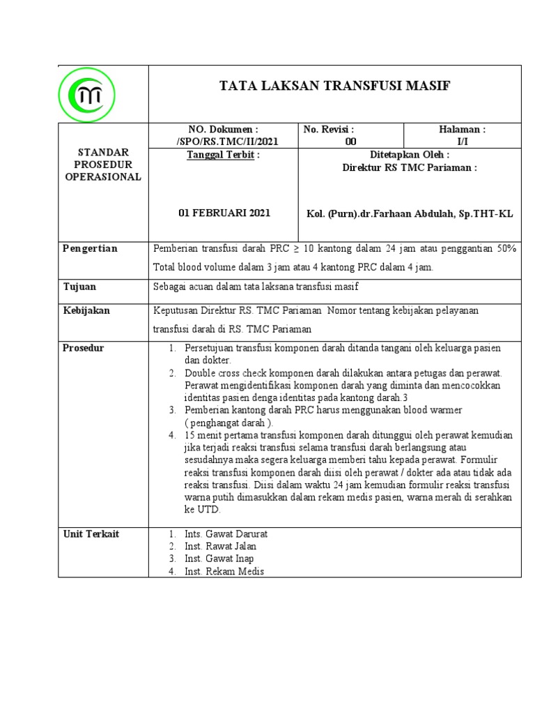 Sop TATA LAKSAN TRANSFUSI MASIF | PDF