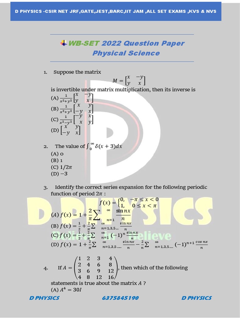 WB-SET 2022 Physical Science Questions | PDF | Hamiltonian (Quantum ...
