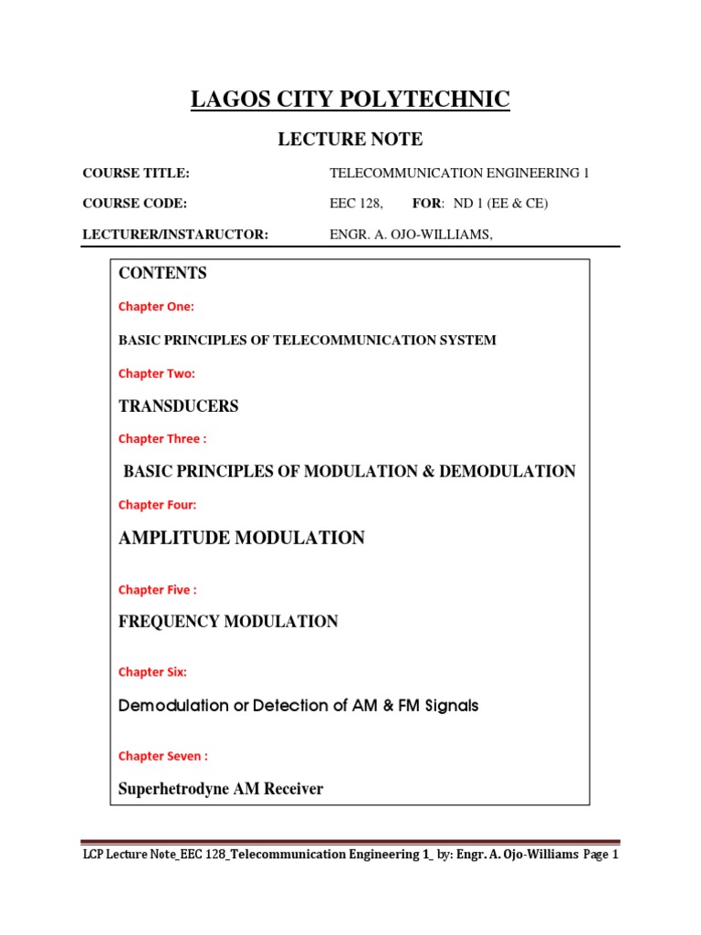 Telecommunication Engineering 1 Lecture Note EEC128 | PDF | Loudspeaker ...