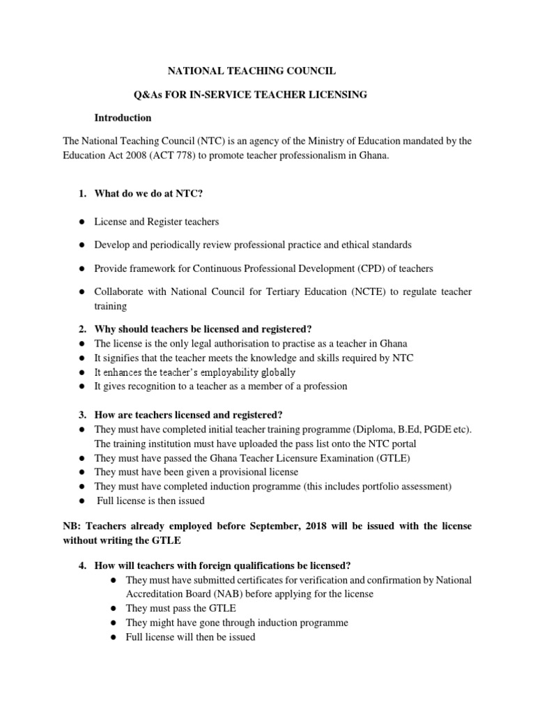 National Teaching Council Q&As for In-Service Teacher Licensing ...
