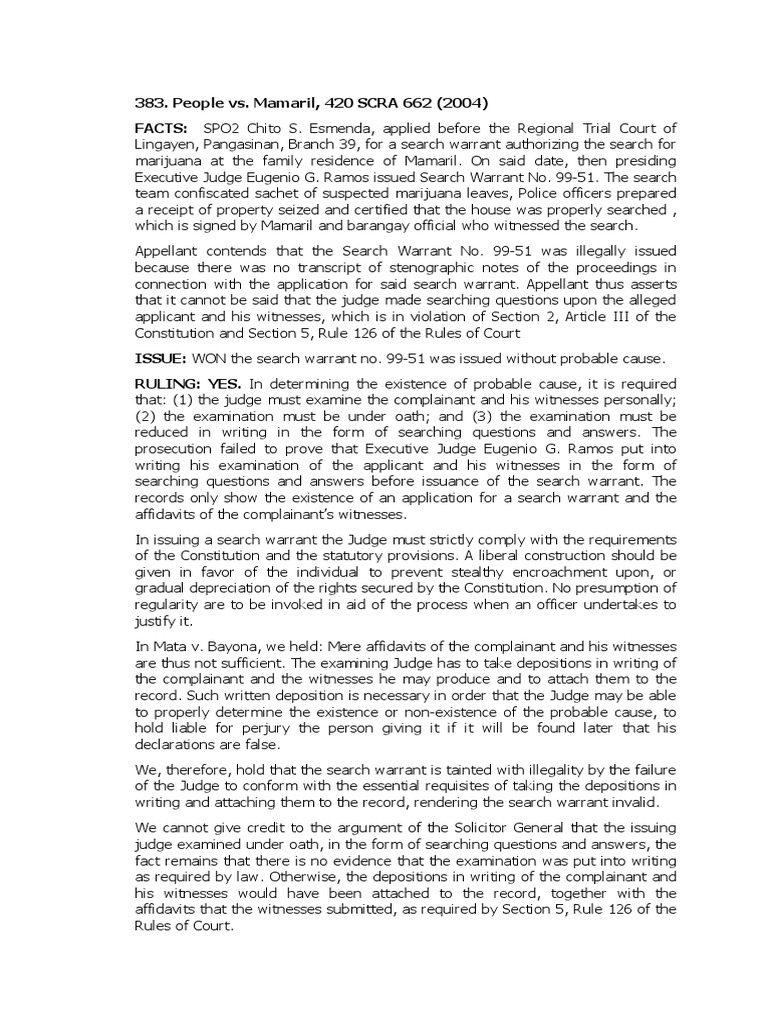 People Vs Mamaril | PDF | Search Warrant | Deposition (Law)
