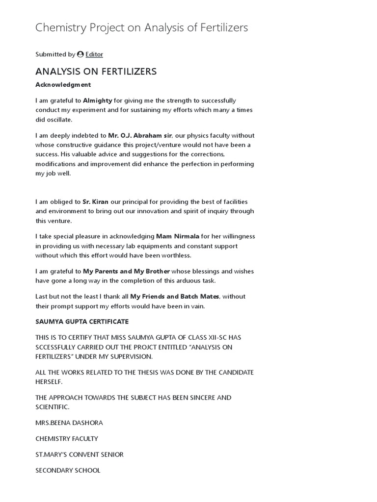 Chemistry Project On Analysis of Fertilizers | PDF | Refraction ...