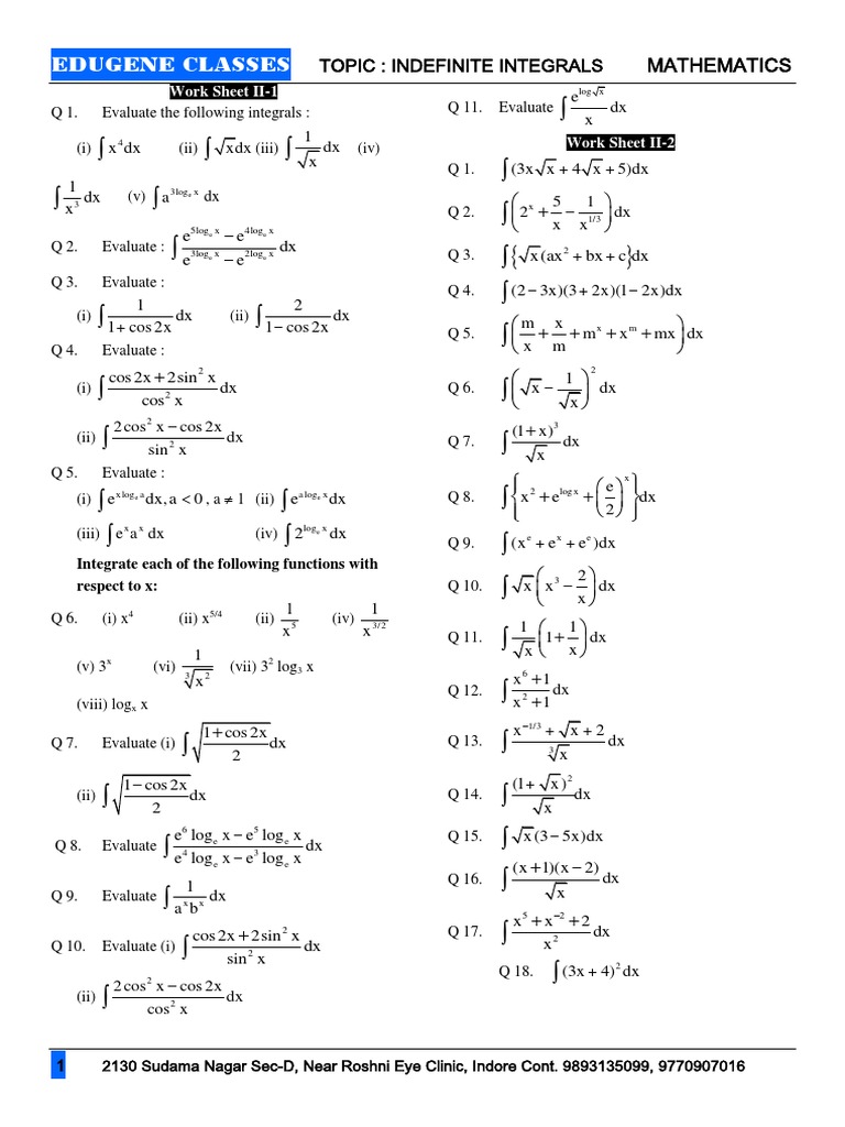 Ws 12th Mathematics Indefinite Integrals Pdf Trigonometric Functions Mathematical