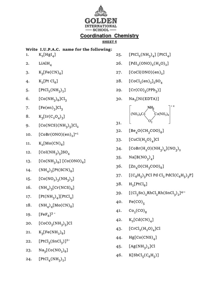 Coordination Chemistry Sheet 4 IUPAC | PDF | Transition Metals ...