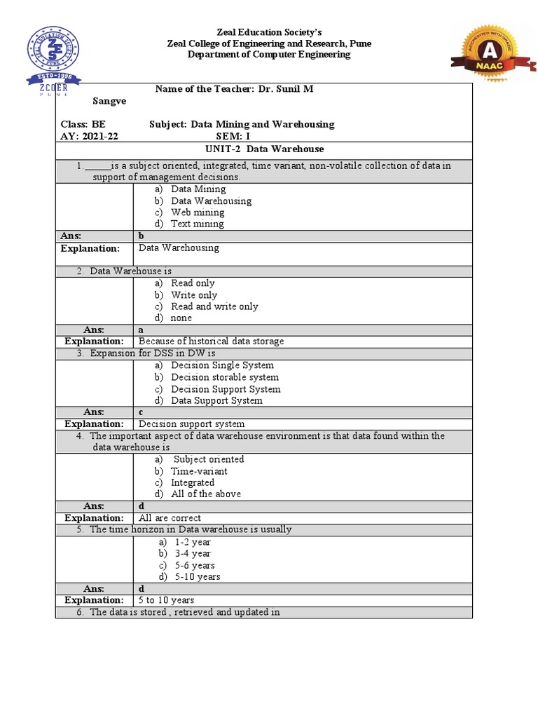 DMW - Unit - 2 MCQS | Download Free PDF | Data Warehouse | Metadata