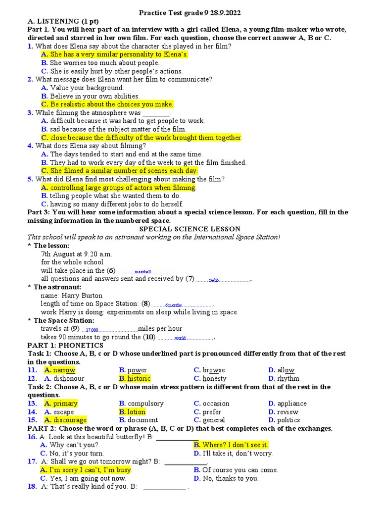 Practice Test Grade 9 28.9.2022 | PDF | Literacy