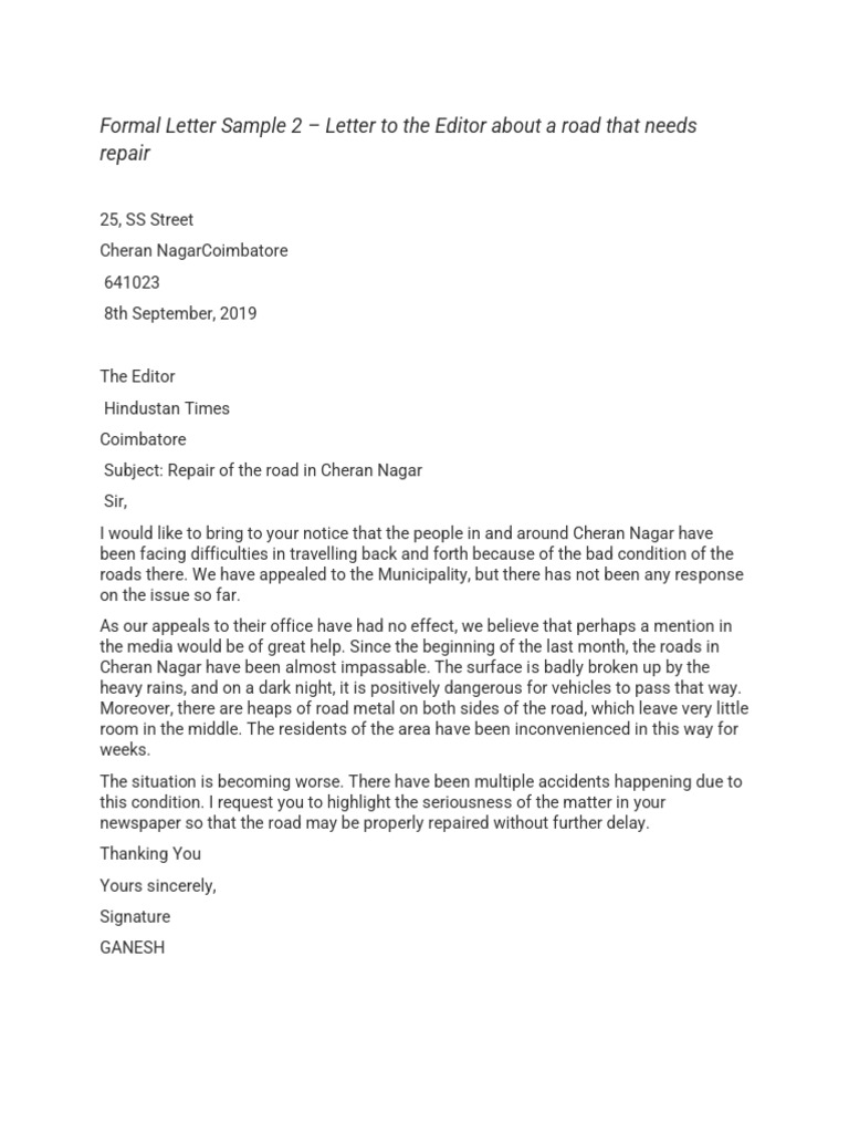 Formal Letter Sample 2 - Letter To The Editor About A Road That Needs ...