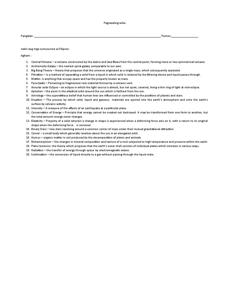 Activity Sa Pagsasaling Wika. | PDF | Volcano | Earth